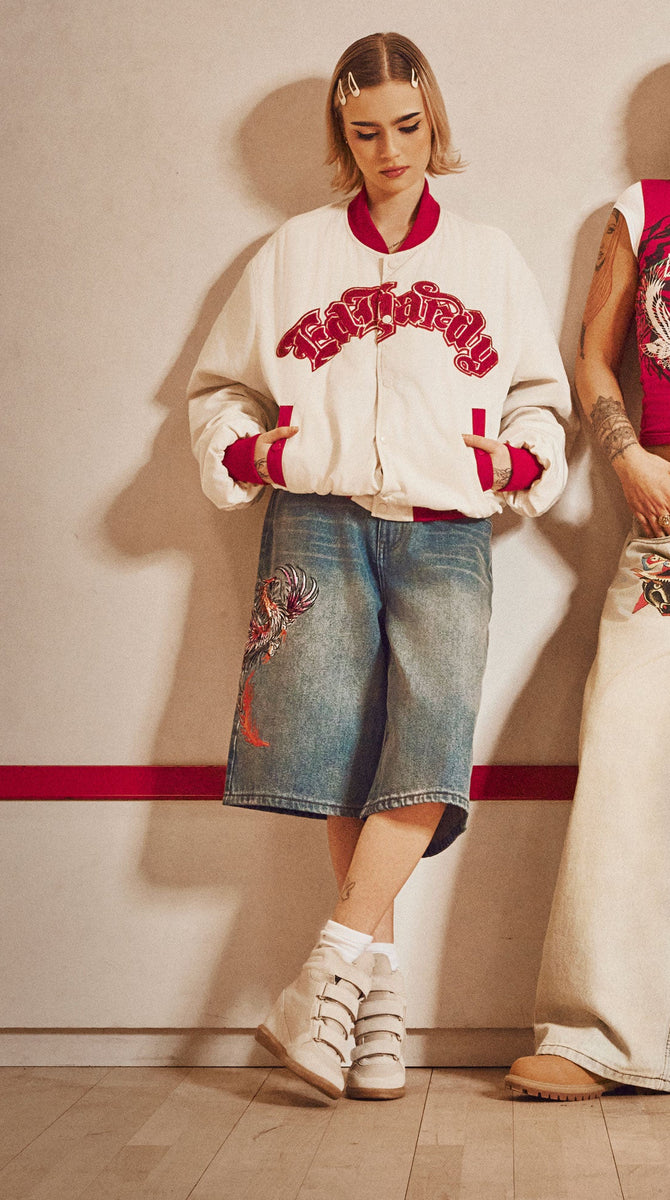 Womens Rising Phoenix Embroidered Relaxed Jorts - Bleach – Ed Hardy UK