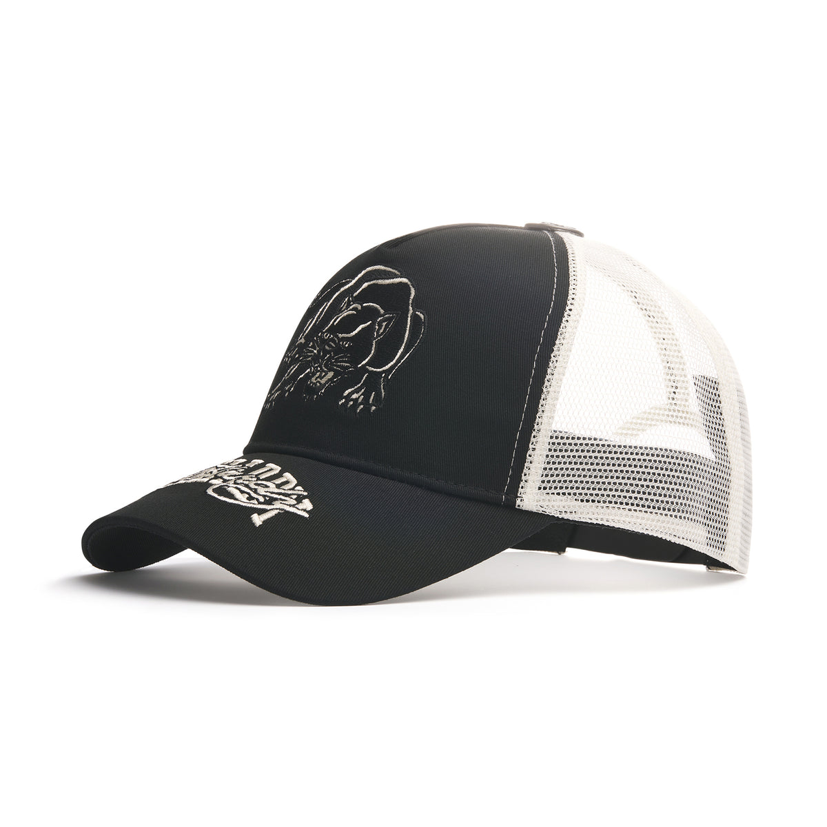 Unisex Contrast Stitch Panther Graphic 5 Panel Trucker Cap - Black / W ...