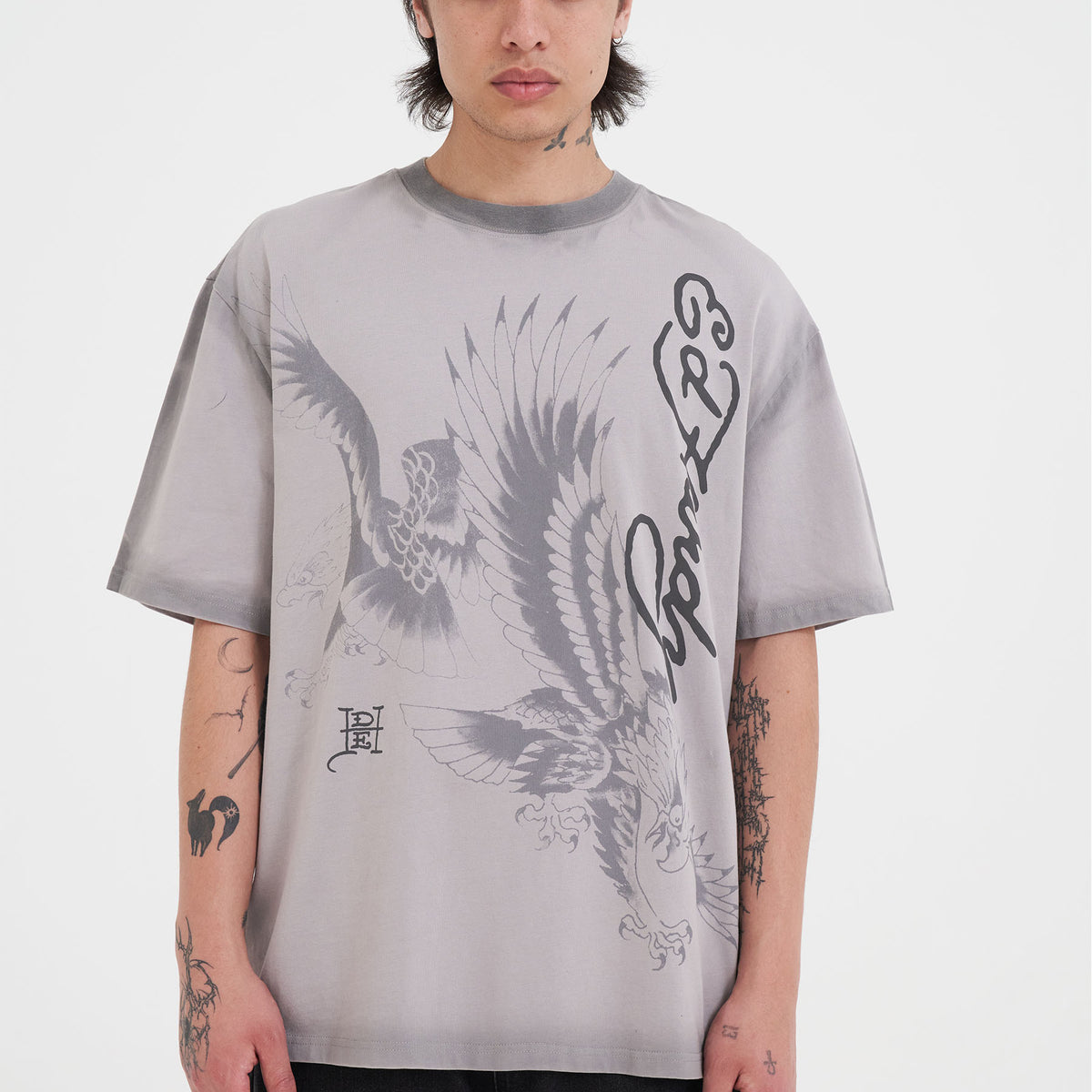 Mens Eagles In Attack Dyed Seams Relaxed T-Shirt - Mid Grey/Black – Ed ...