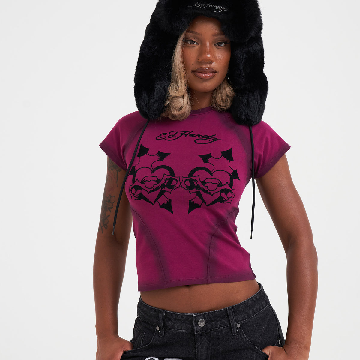 Womens Cross Your Heart Seam Detail T-Shirt Top - Purple – Ed Hardy UK