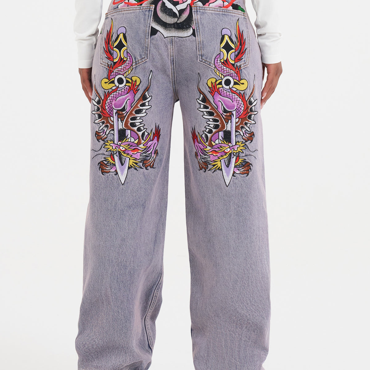 Womens Dragon And Sword Relaxed Jeans - Purple – Ed Hardy UK