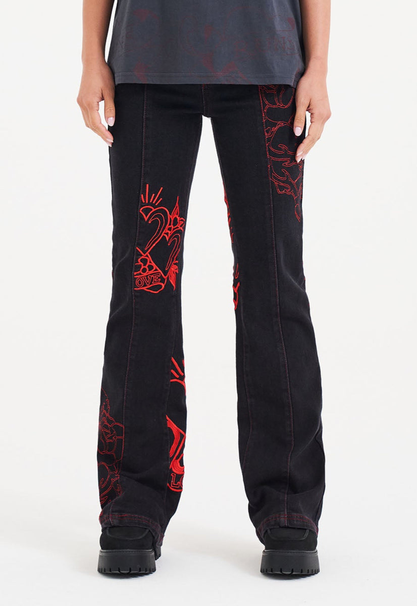 Womens Rouge Hearts Flared Denim Trousers Jeans - Black – Ed Hardy UK