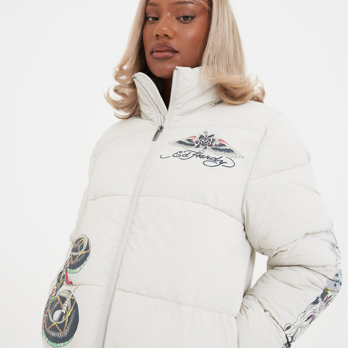 Womens Tattoo Puffer Coat - Sand – Ed Hardy UK