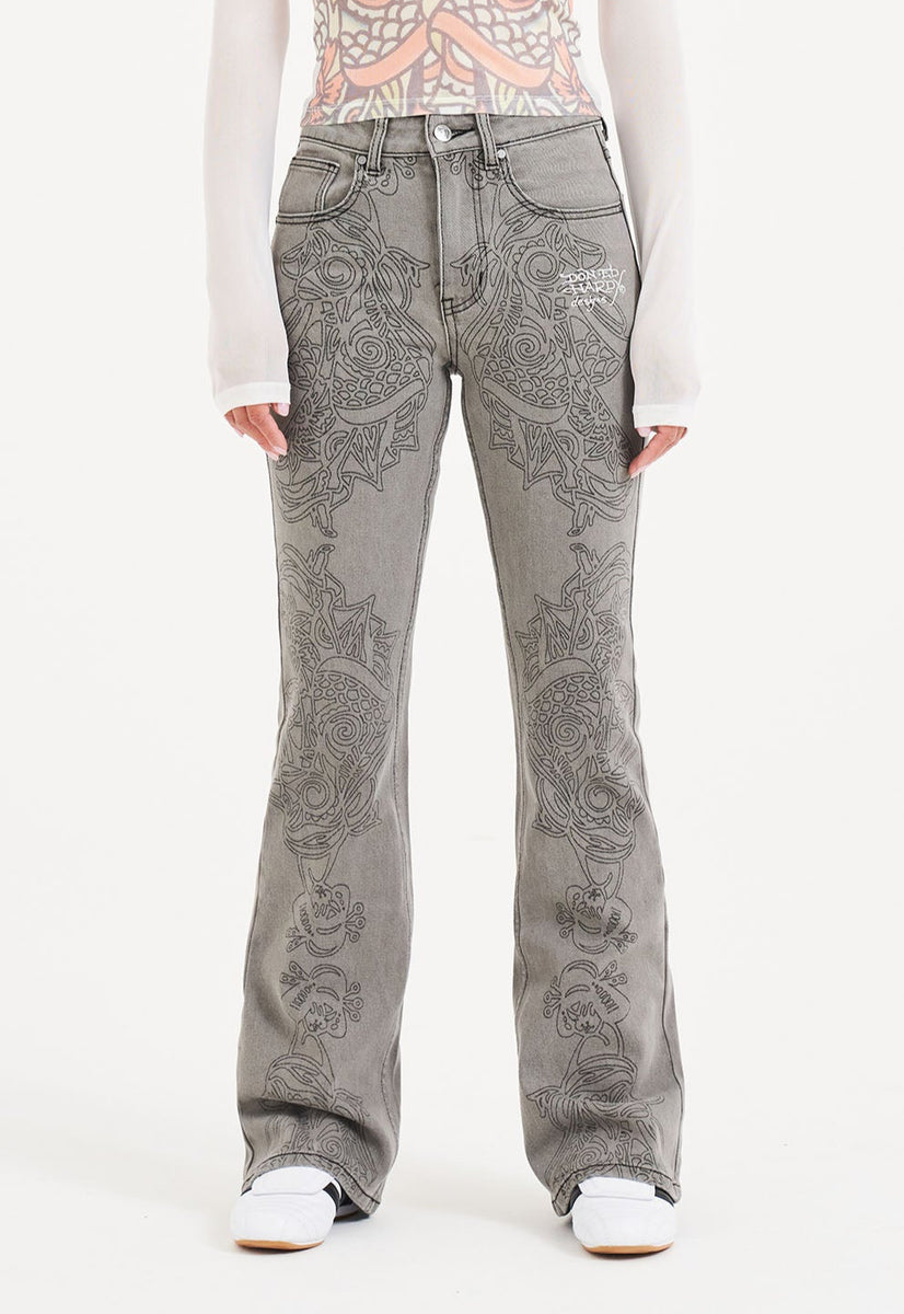 Womens Ice Geisha Flared Denim Trousers Jeans - White/Grey – Ed Hardy UK
