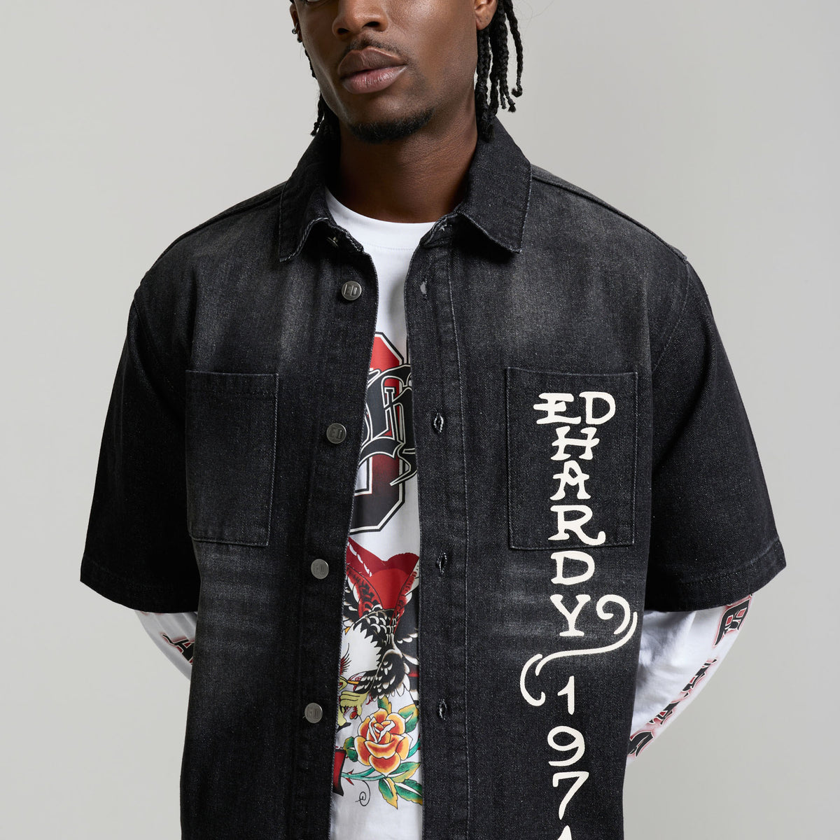 Mens Tonal Dragon Utility Denim Shirt - Black – Ed Hardy UK