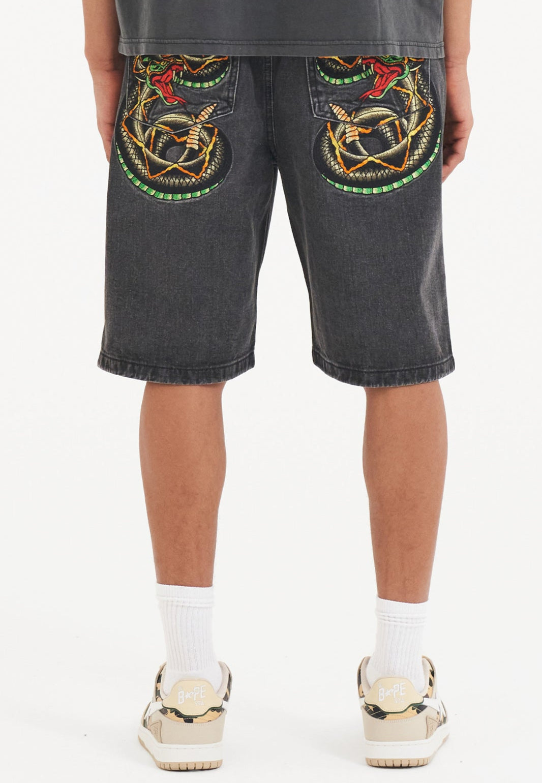 Mens Black Snake Denim Jorts Shorts - Grey – Ed Hardy UK