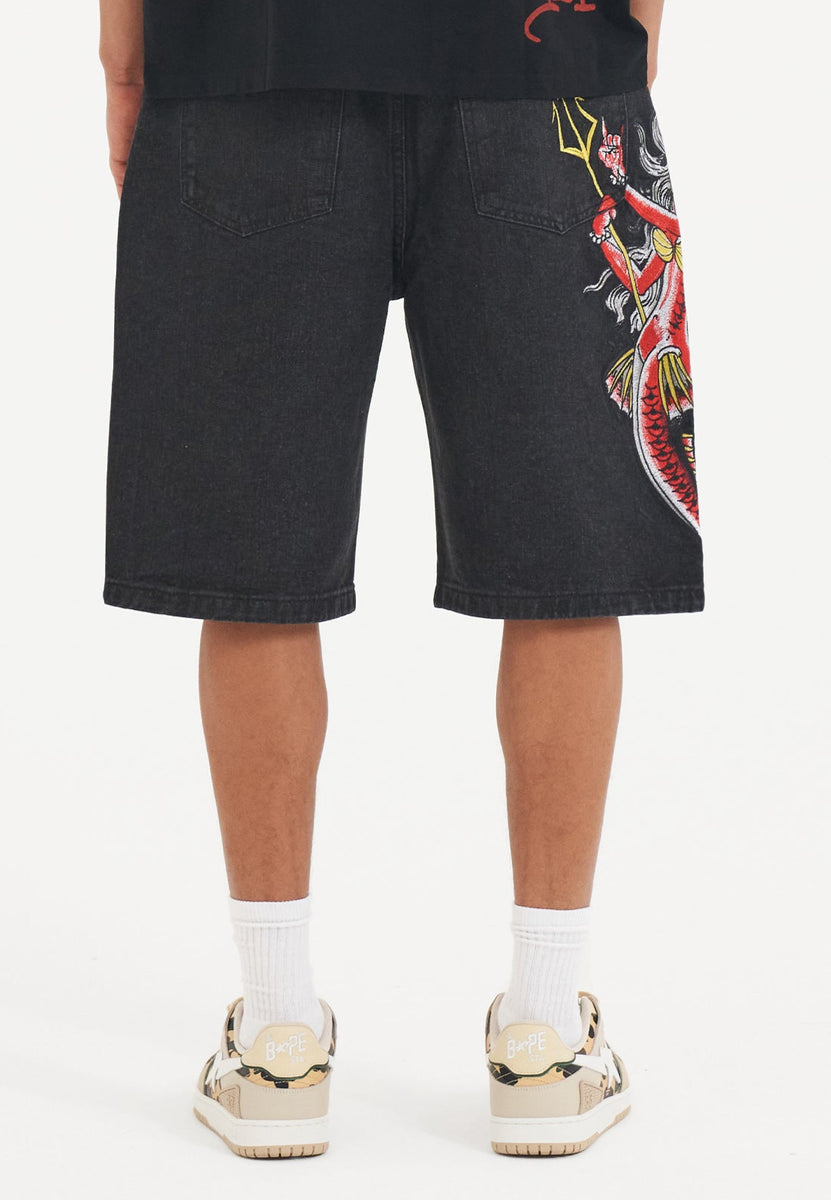 Mens Devil Mermaid Denim Jorts Shorts - Black – Ed Hardy UK