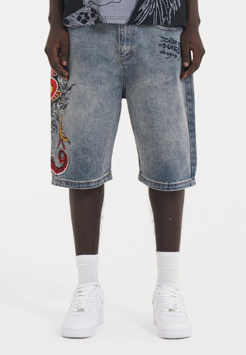 Mens Devil Mermaid Denim Jorts Shorts - Blue – Ed Hardy UK