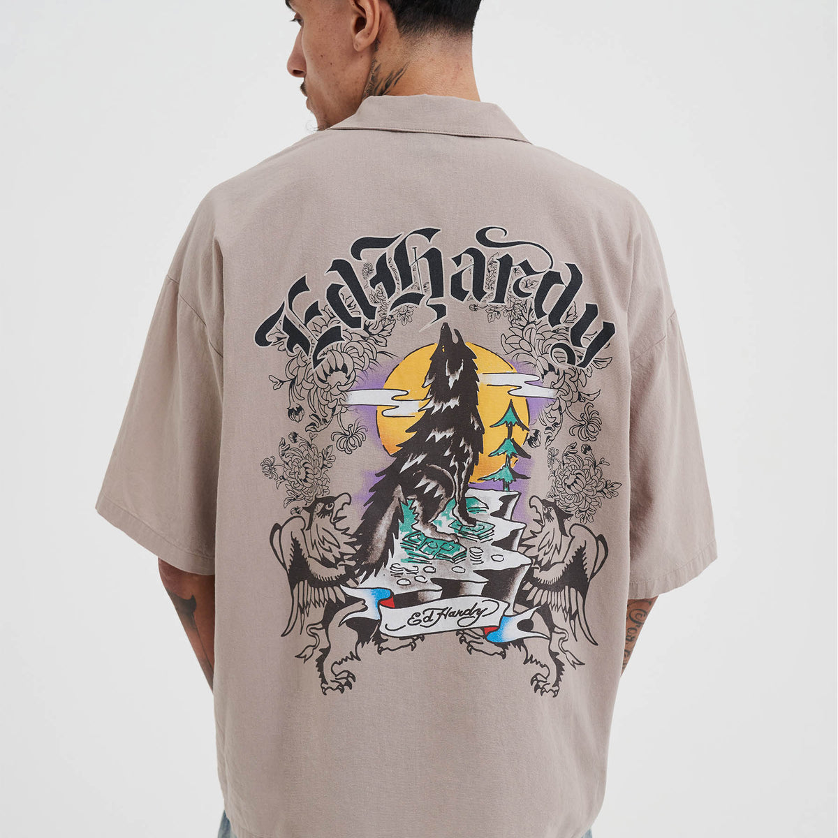 Mens Don Wolf Dragon Printed Camp Shirt - Ecru – Ed Hardy UK