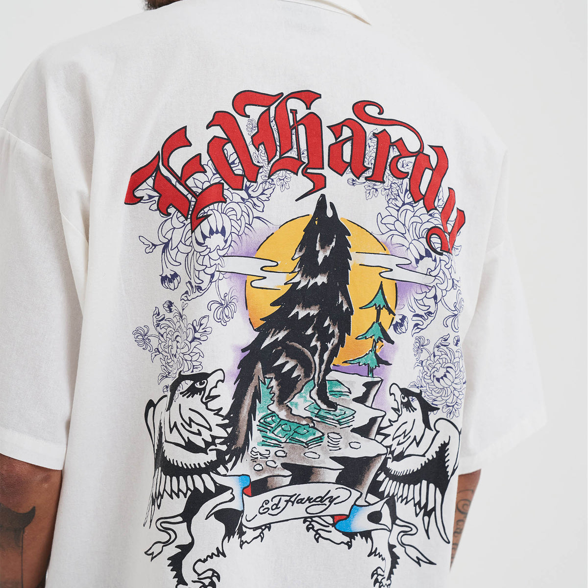 Mens Don Wolf Dragon Printed Camp Shirt - White – Ed Hardy UK