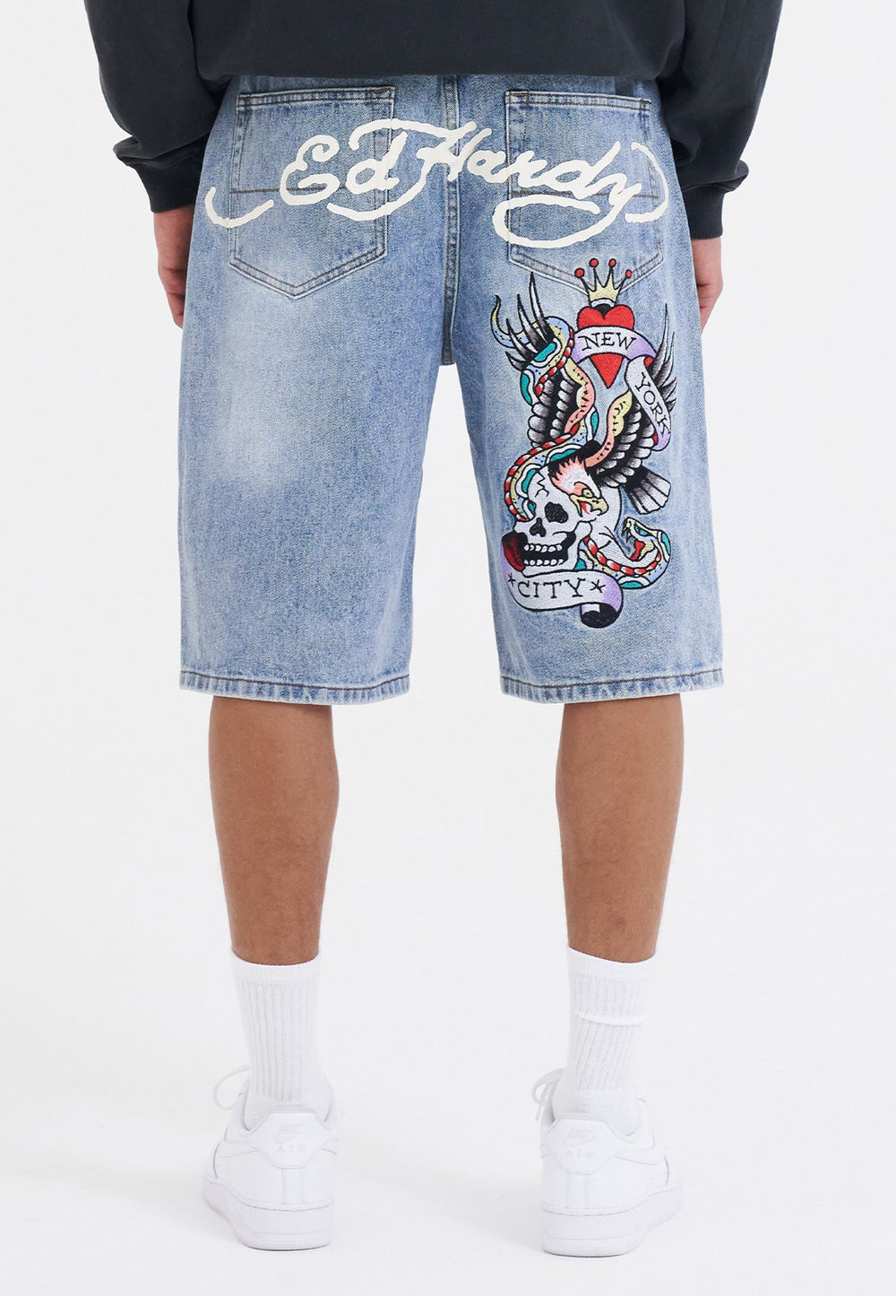 Mens Nyc Skull Denim Jorts Shorts - Bleach – Ed Hardy UK