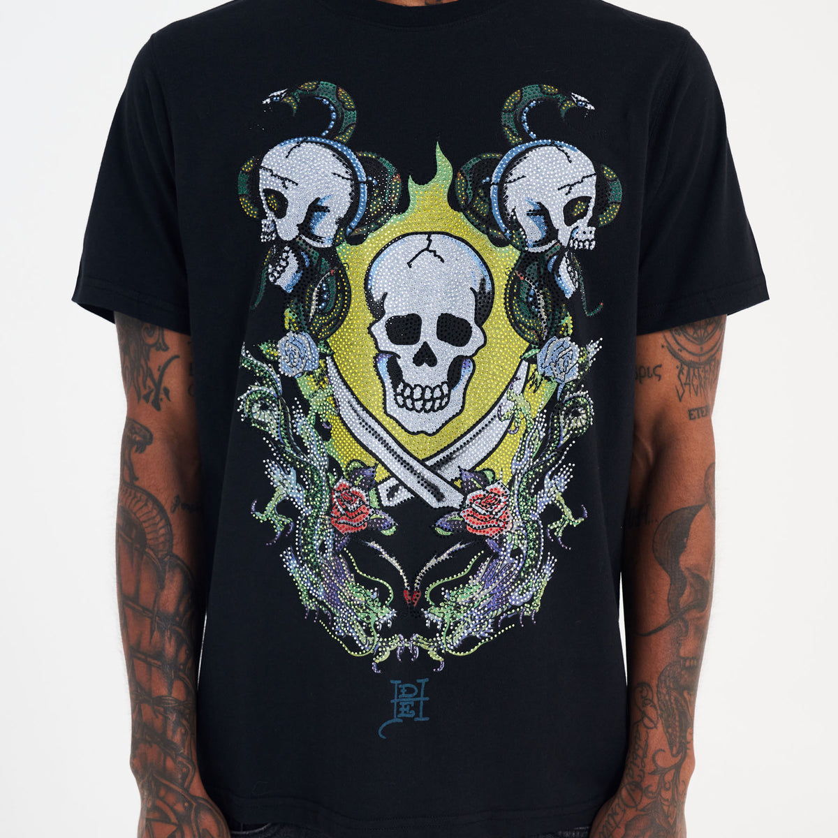 Mens Skull And Drag Battle Diamante Tshirt - Black – Ed Hardy UK