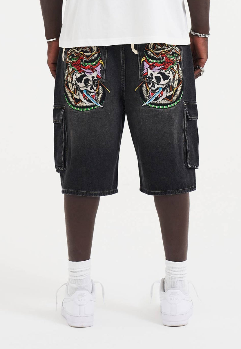 Mens Skull Dagger Thru Snake Relaxed Denim Cargo Jorts Shorts - Black ...