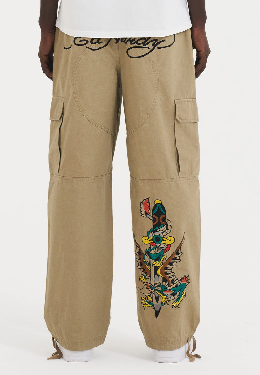 Mens Sword Dragon Ripstop Woven Cargo Pants Trousers - Beige – Ed Hardy UK