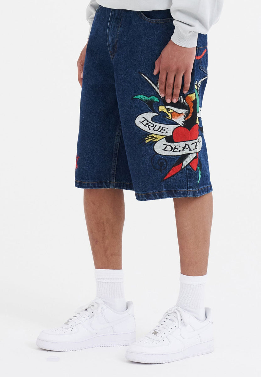 Mens True Till Death Denim Jorts Shorts - Indigo – Ed Hardy UK