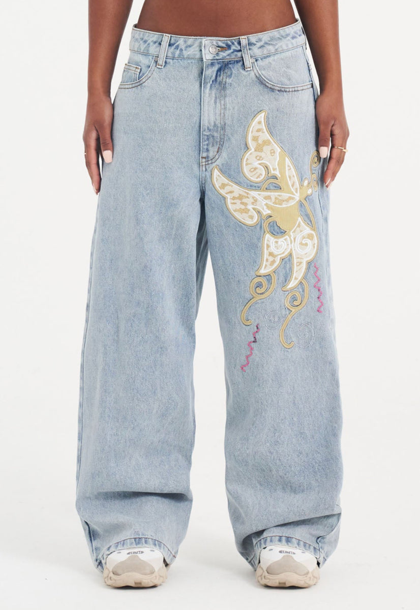 Womens Antique Butterfly Xtra Denim Trousers Jeans - Mid Blue – Ed Hardy UK
