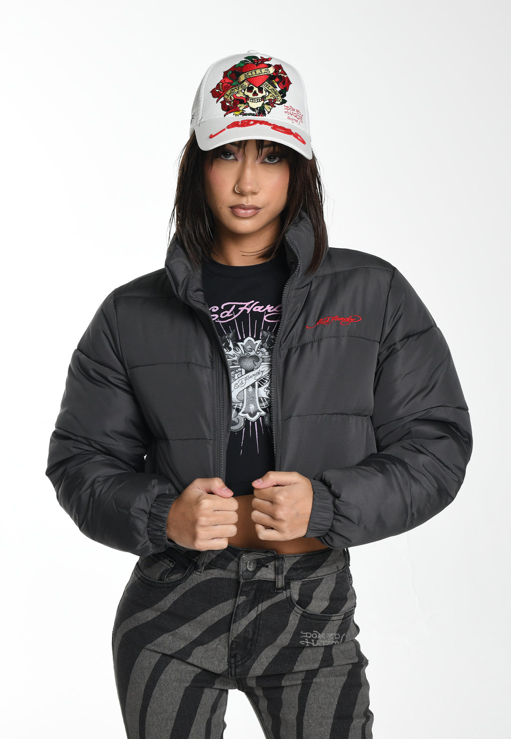 Womens Drag-Rose Cropped Puffa Jacket - Grey – Ed Hardy UK