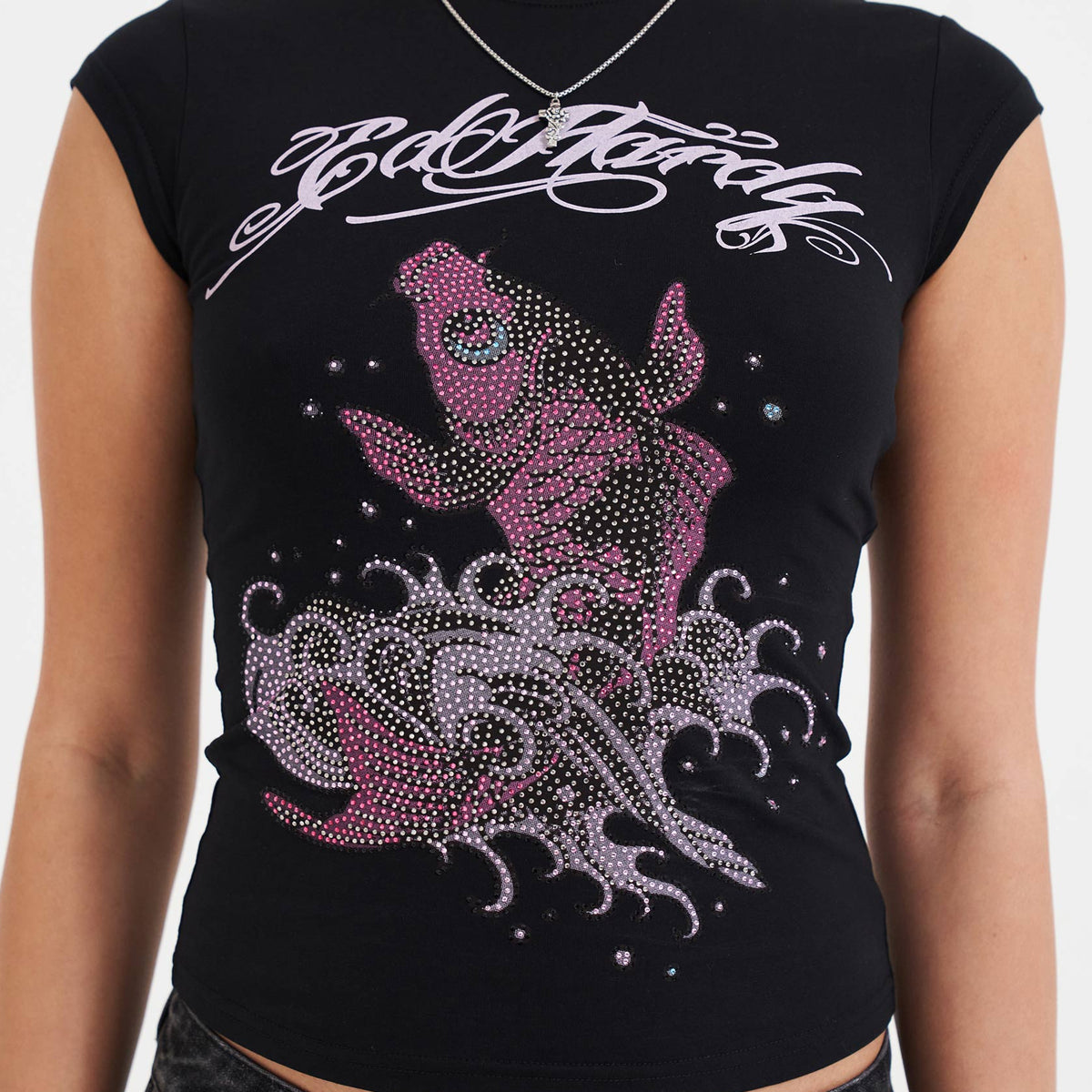 Womens Koi Fish Diamante Cap Sleeve T-Shirt Top - Black – Ed Hardy UK