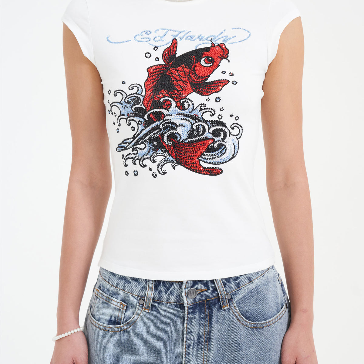 Womens Koi Wave Diamante Cap Sleeve Tshirt Top - White – Ed Hardy UK