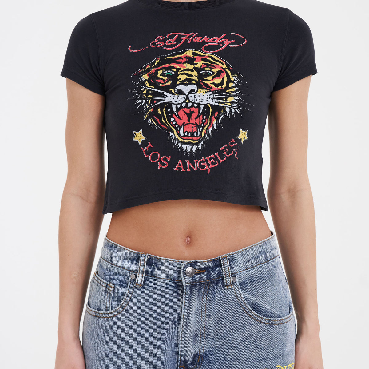 Womens La-Roar-Tiger Cropped Baby T-Shirt - Black – Ed Hardy UK