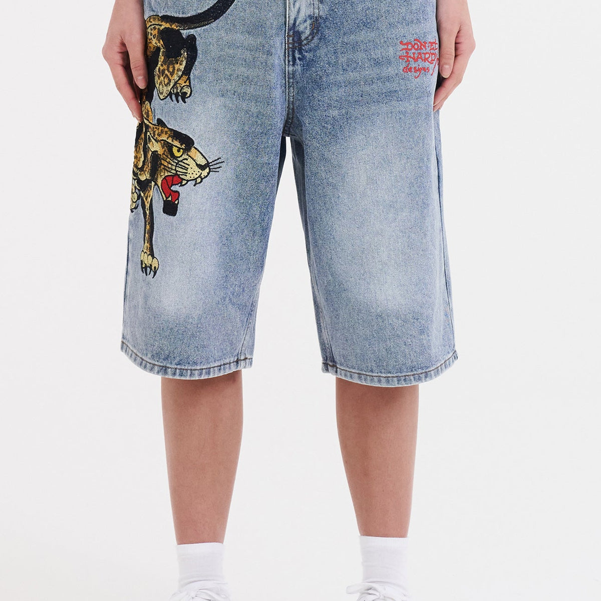 Womens Panther Crawl Relaxed Denim Jorts Shorts - Bleach – Ed Hardy UK