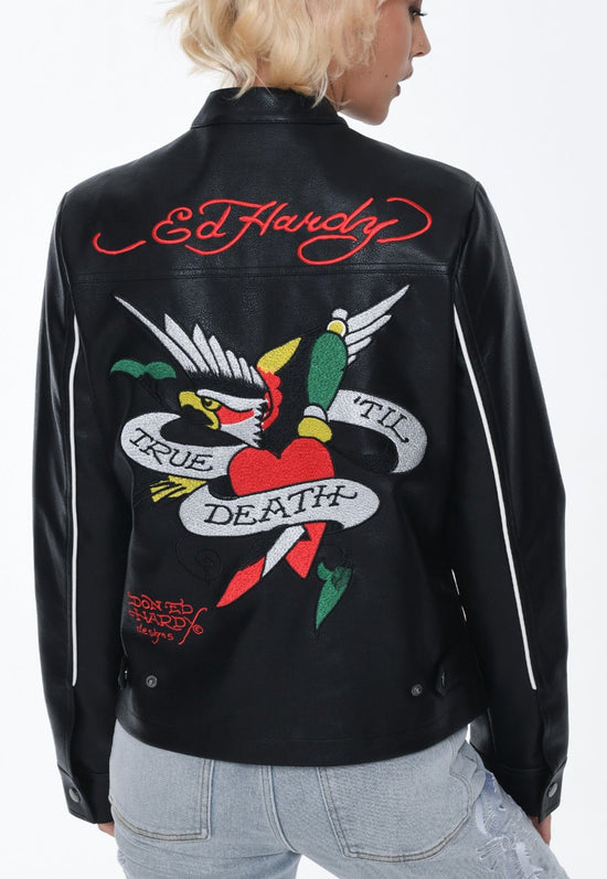 Womens Til Death Vegan Leather Biker Jacket - Black – Ed Hardy UK