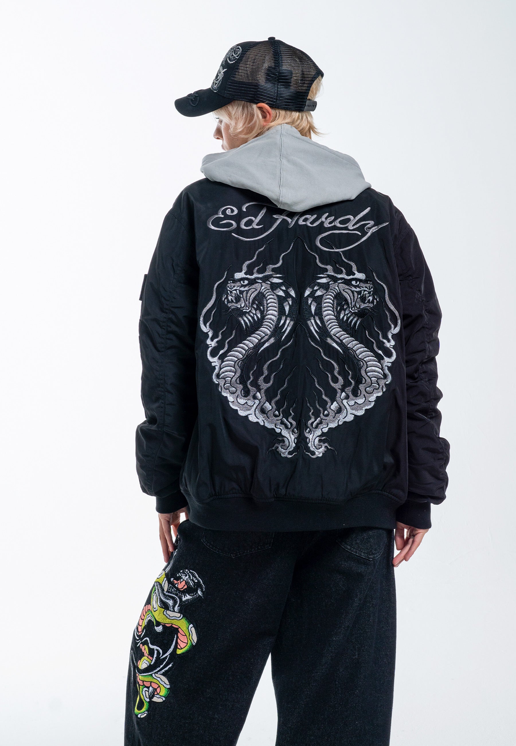 Mens Tonal Double Venom Ma1 Bomber Jacket - Black – Ed Hardy UK
