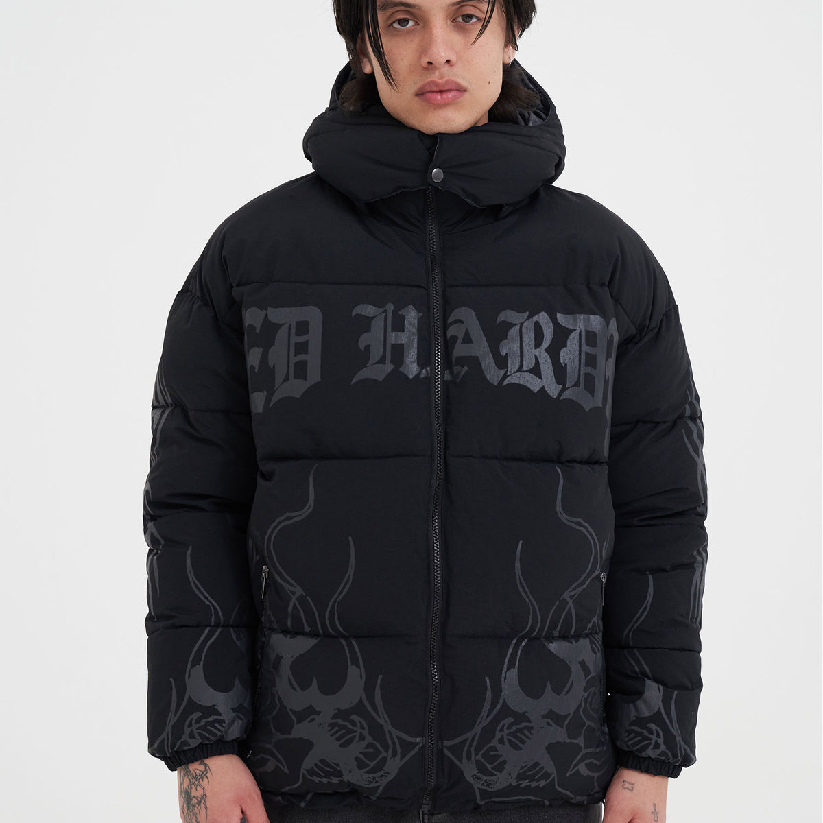 Mens Flaming Rose Outline Reversible Puffer Coat - Black – Ed Hardy UK