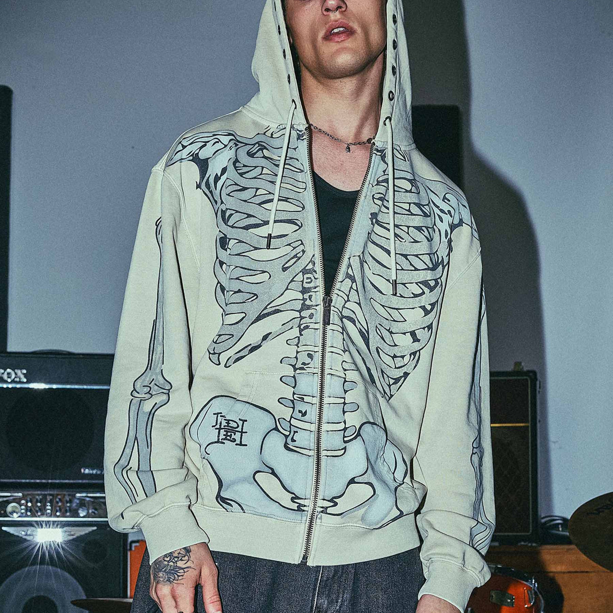 Mens Skeleton In Acid Zip Thru Hoodie - Ecru – Ed Hardy UK