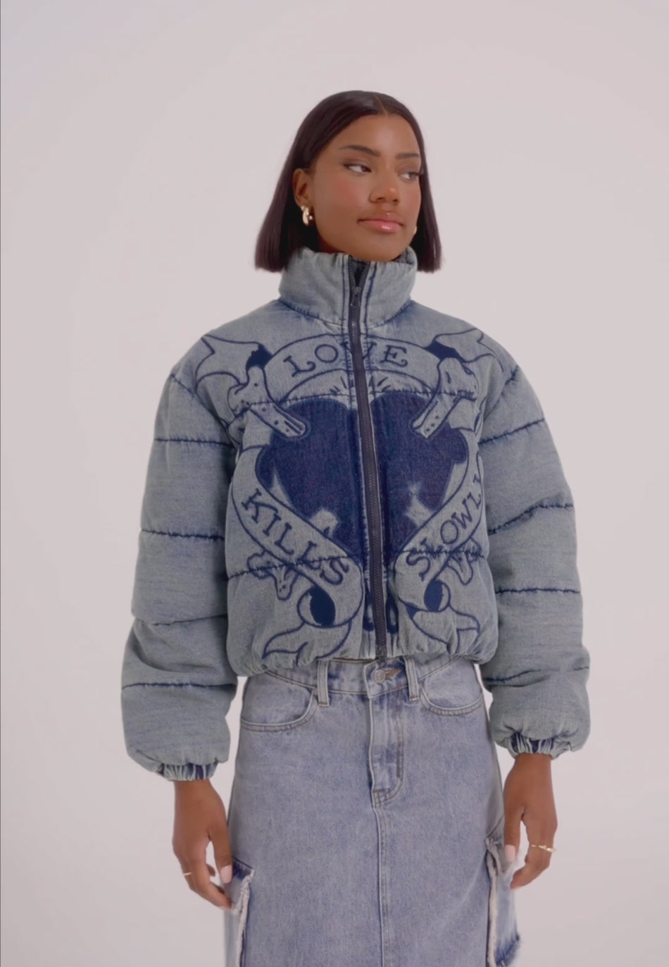 Womens Love Kills Quilted Puffer Jacket - Mid Blue – Ed Hardy UK
